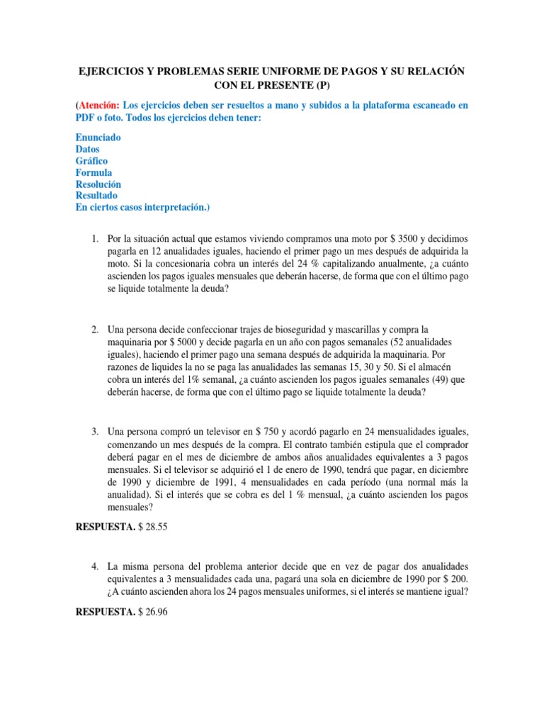 Ejercicios y Problemas Serie Uniforme de Pagos y Su Relación Con El Presente | PDF