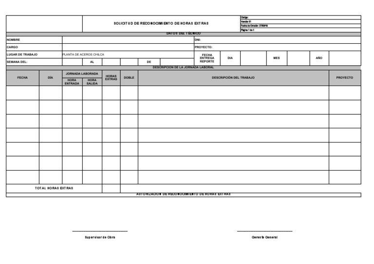 Formato de para Horas Extras | PDF