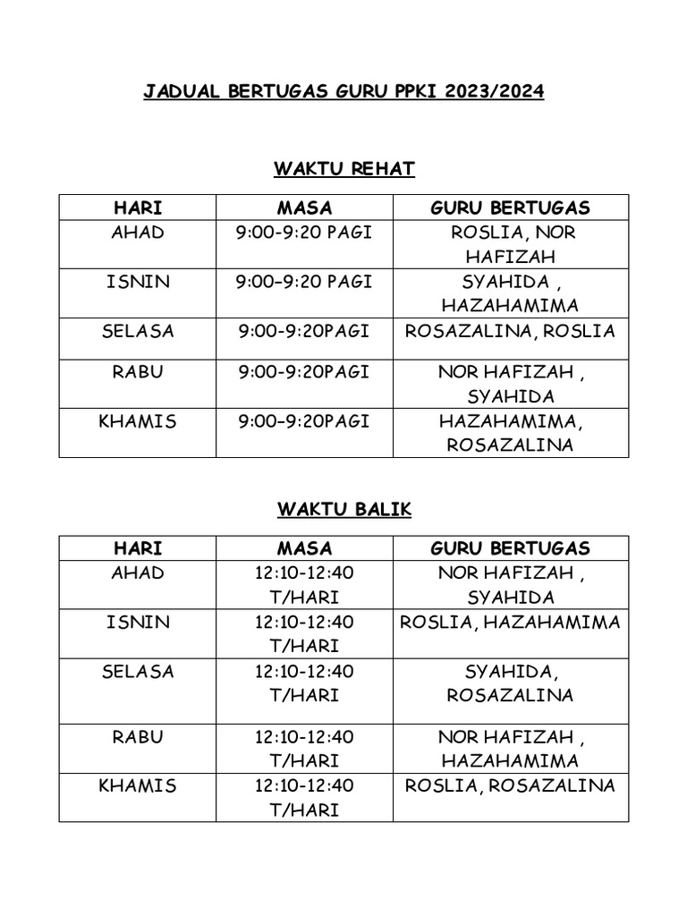 Jadual Bertugas Guru Ppki 2023 | PDF
