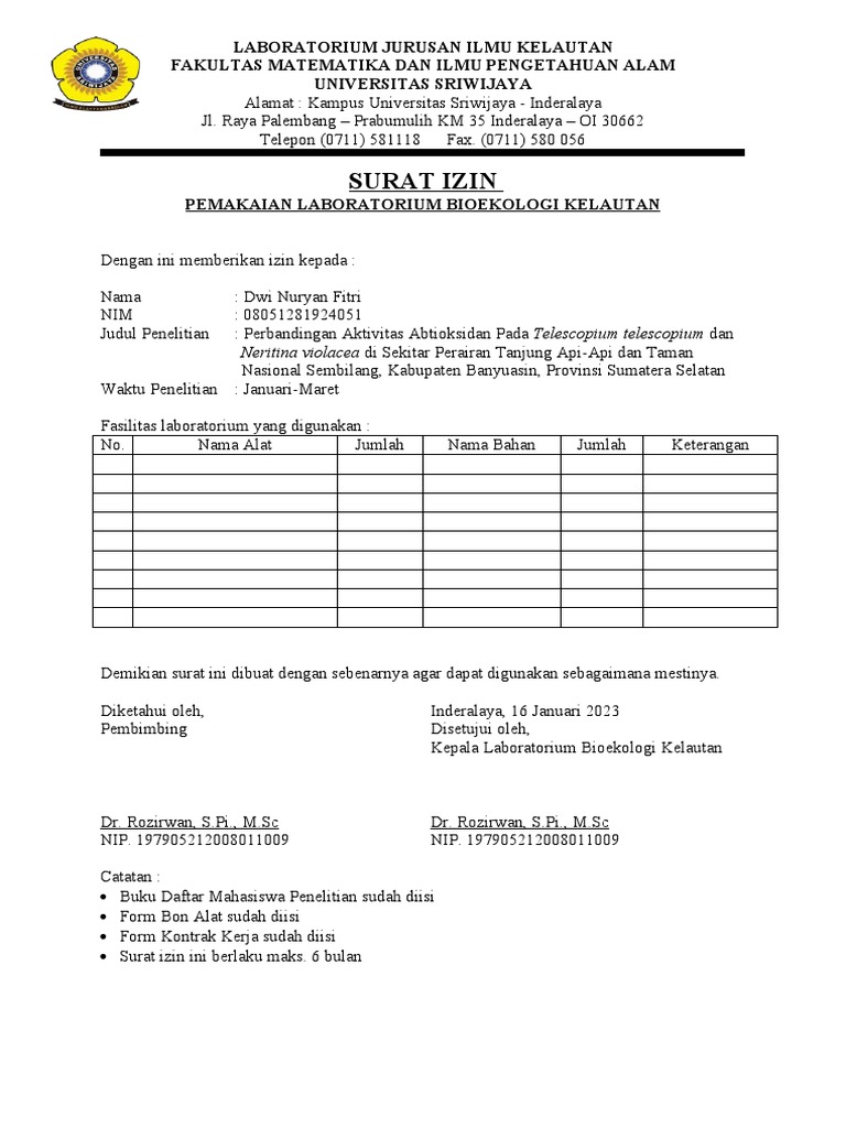 Form Surat Ijin Pemakaian Lab Bioeko Dwi Nuryan | PDF