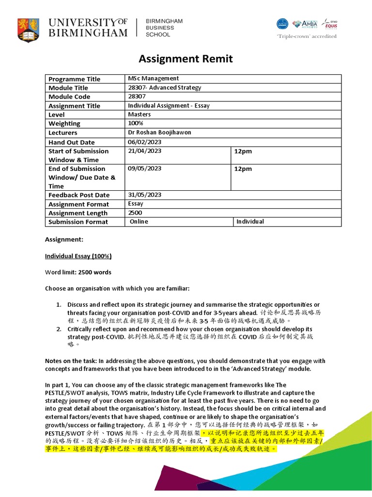 Advanced Strategy Assignment Remit - MSC Management - Individual ...