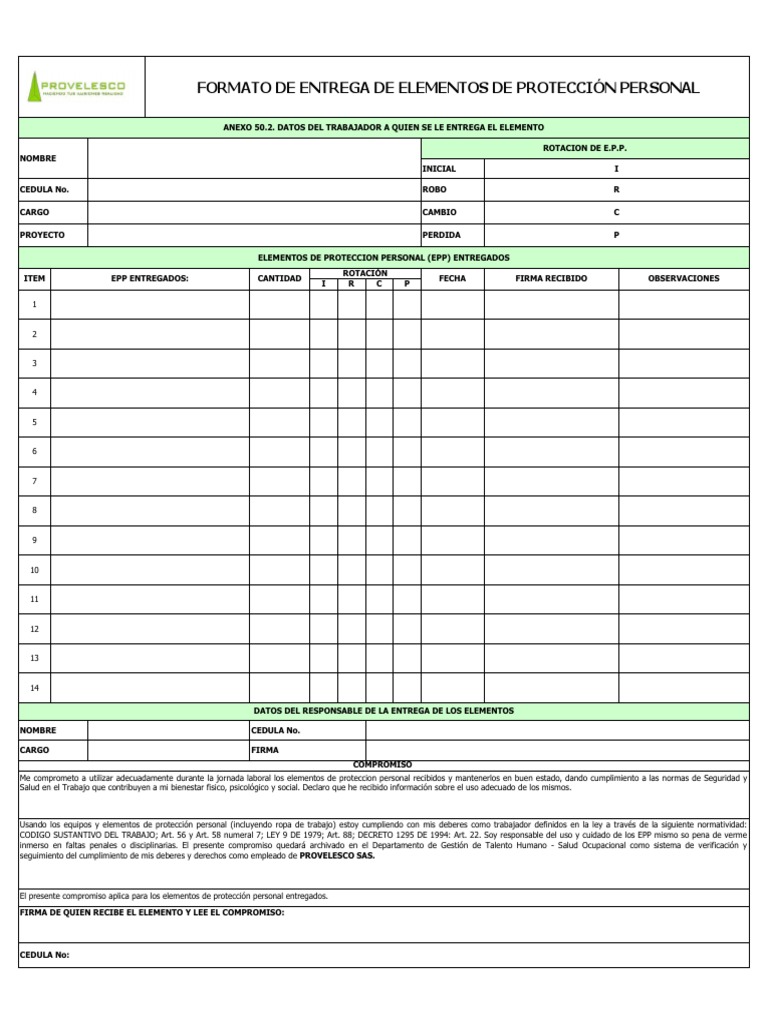Anexo 50.2. Formato de Entrega de Elementos de Proteccion Personal | Descargar gratis PDF ...