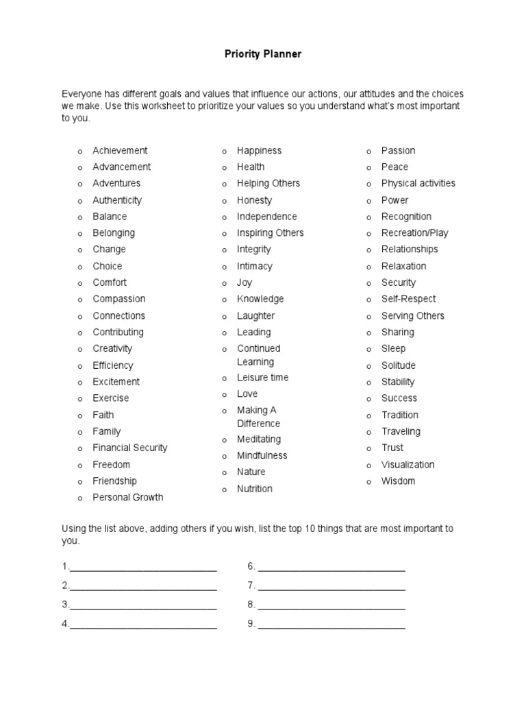 Priority Planner Worksheet | Download Free PDF | Psychology ...
