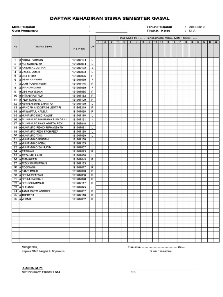 Form Absensi Siswa 2018-2019 | PDF