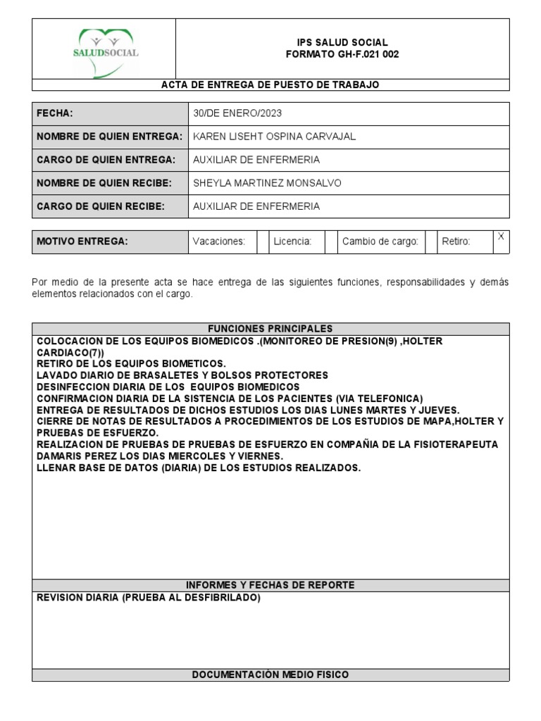 Acta de Entrega de Puesto de Trabajo | PDF Acta de Entrega de Puesto de Trabajo | PDF