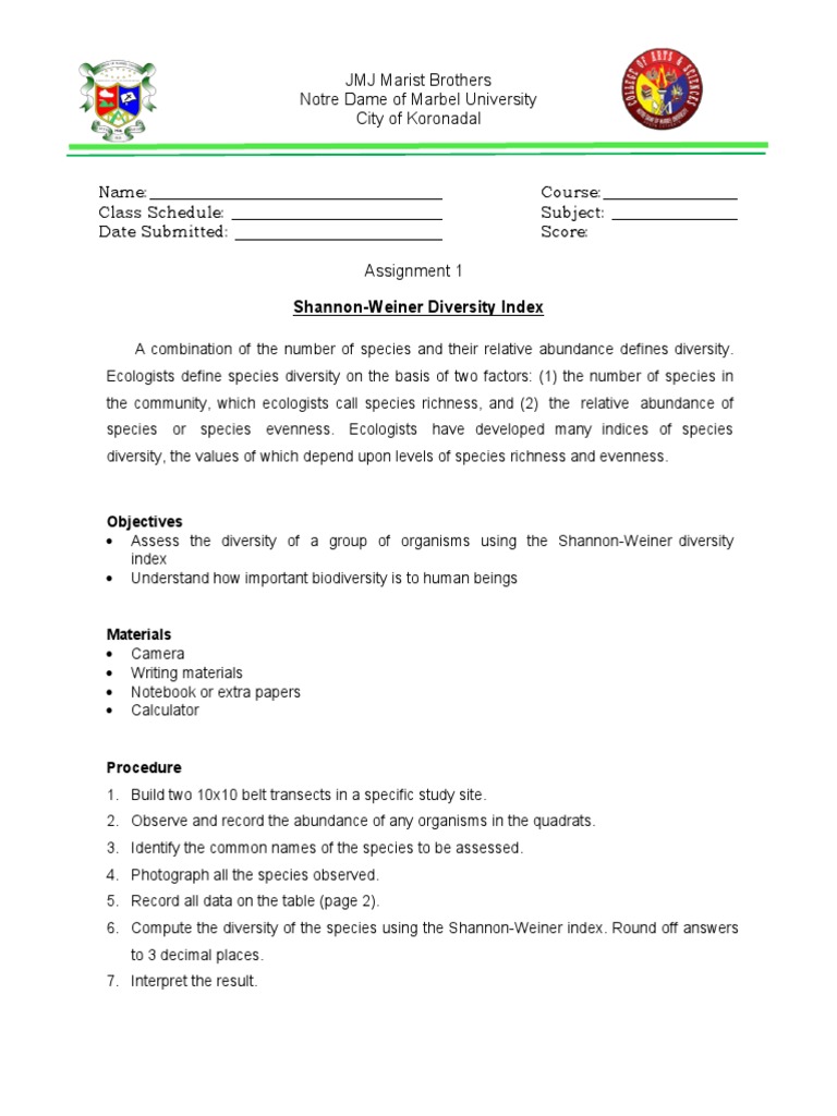 Assignement 1 Shannon Weiner | PDF | Biodiversity | Species