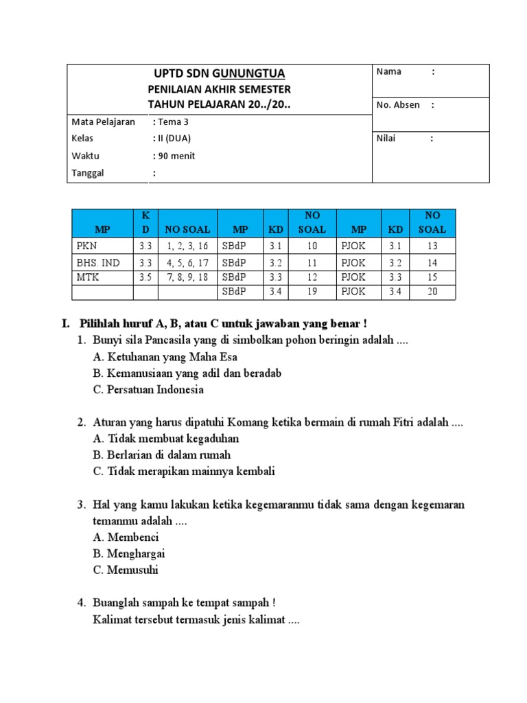 Soal PAS Kelas 2 Tema 3 - 2 | PDF