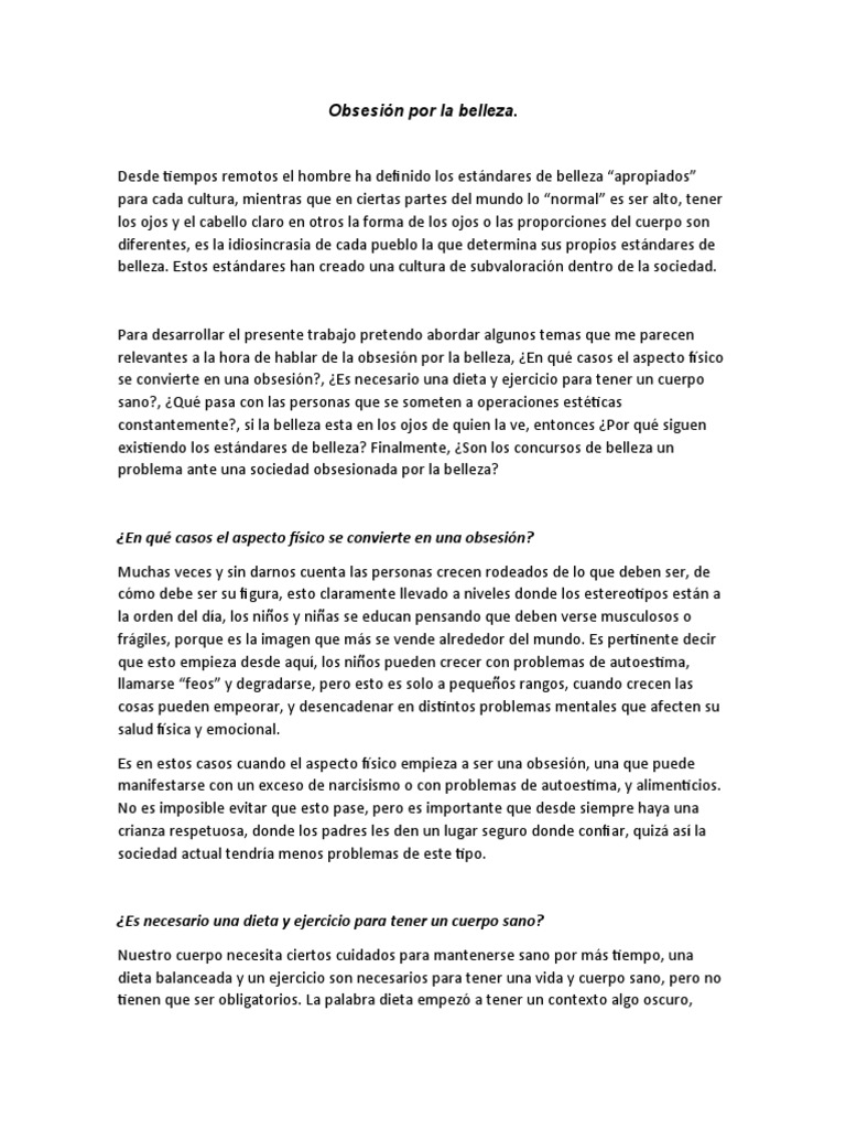 Ensayo Obsesion Por La Belleza. | PDF | Belleza | Dieta
