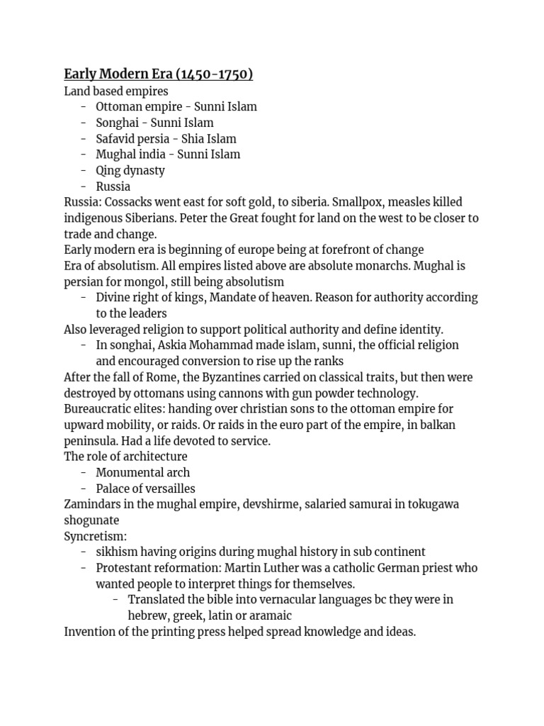 Early Modern Era Notes For AP World History (1450-1750) | PDF | Early ...