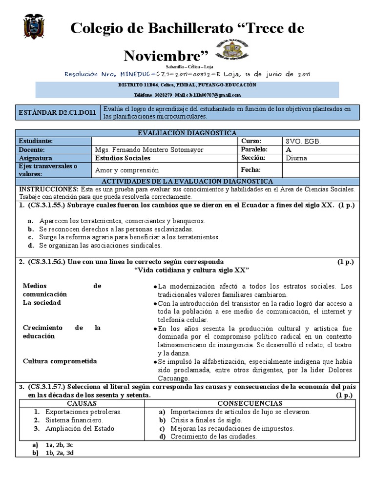 Ficha Diagnóstica 8vo. Egb. Ee - Ss. | PDF | Ecuador