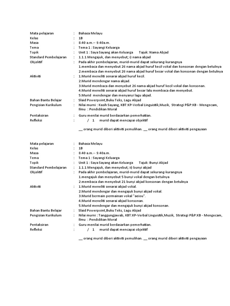 Contoh RPH BM Sekolah Rendah | PDF