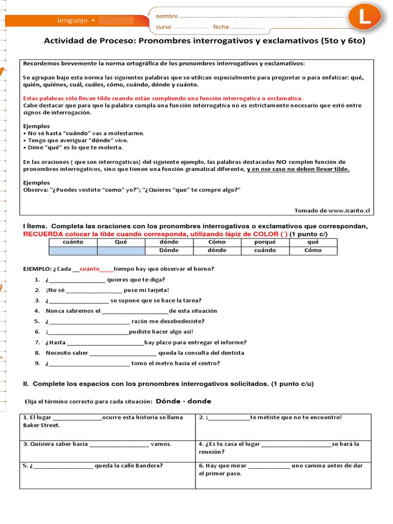 Guía de Actividades Pronombres Interrogativos y Exclamativos | PDF