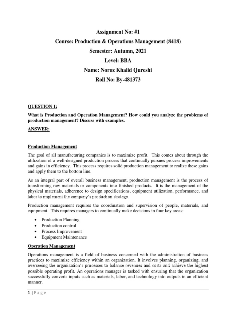 Assignment No 1 Production & Operations Management (8418) . | PDF ...
