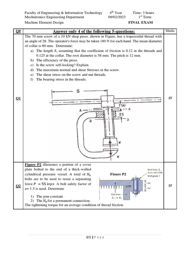 Final ExamMDFinal 2023 | PDF | Screw | Mechanical Engineering