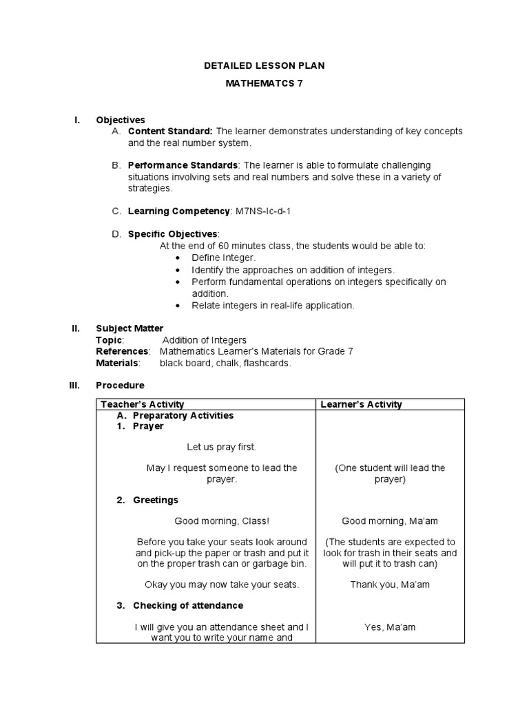 Grade 7 Integer Addition Lesson Plan | PDF | Numbers | Integer