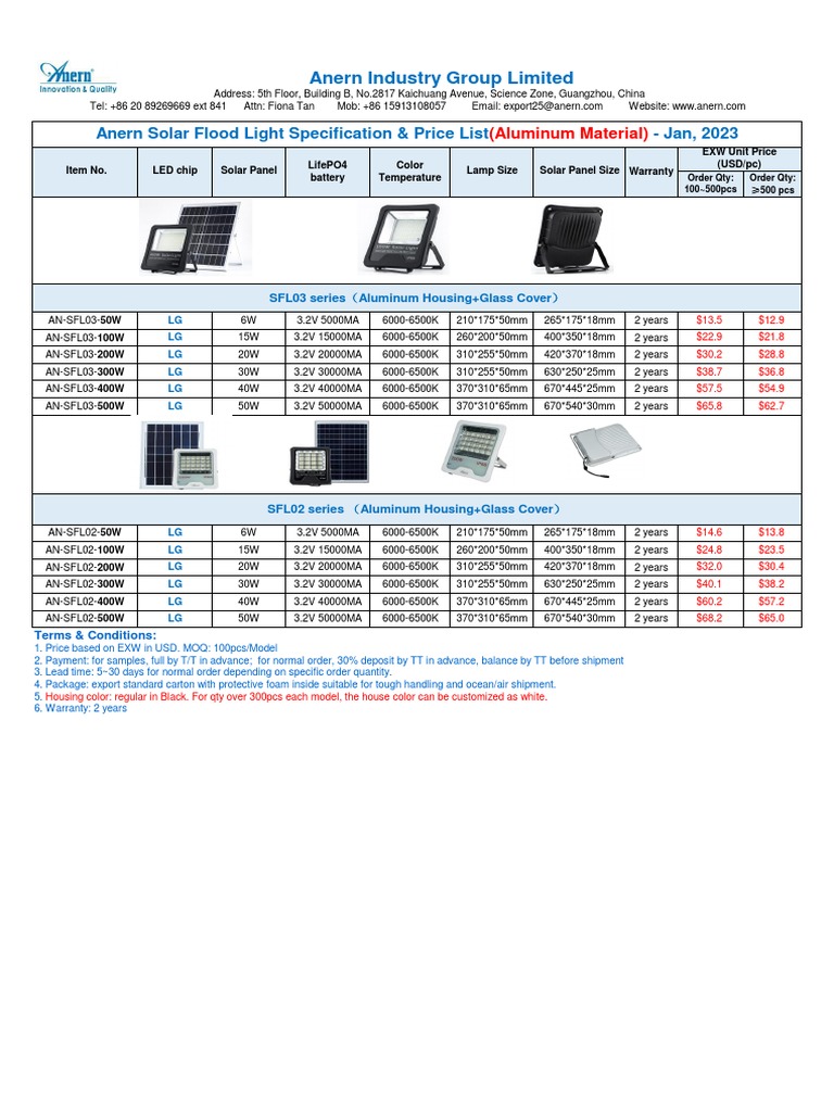Anern Solar Flood Light Specification & Price List - 2023.01 (Aluminum ...