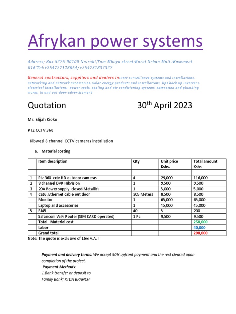 Kibwezi 8 Channel CCTV Cameras Installation Quote Revised | PDF