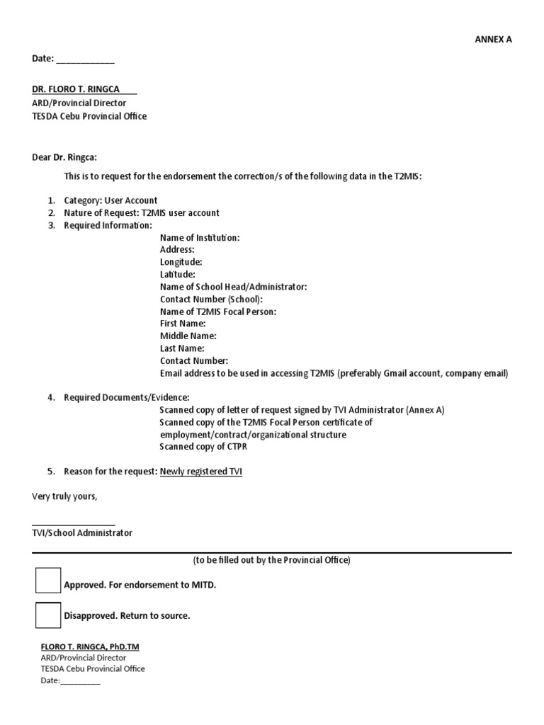 Request for T2MIS User Account Correction | PDF | Business