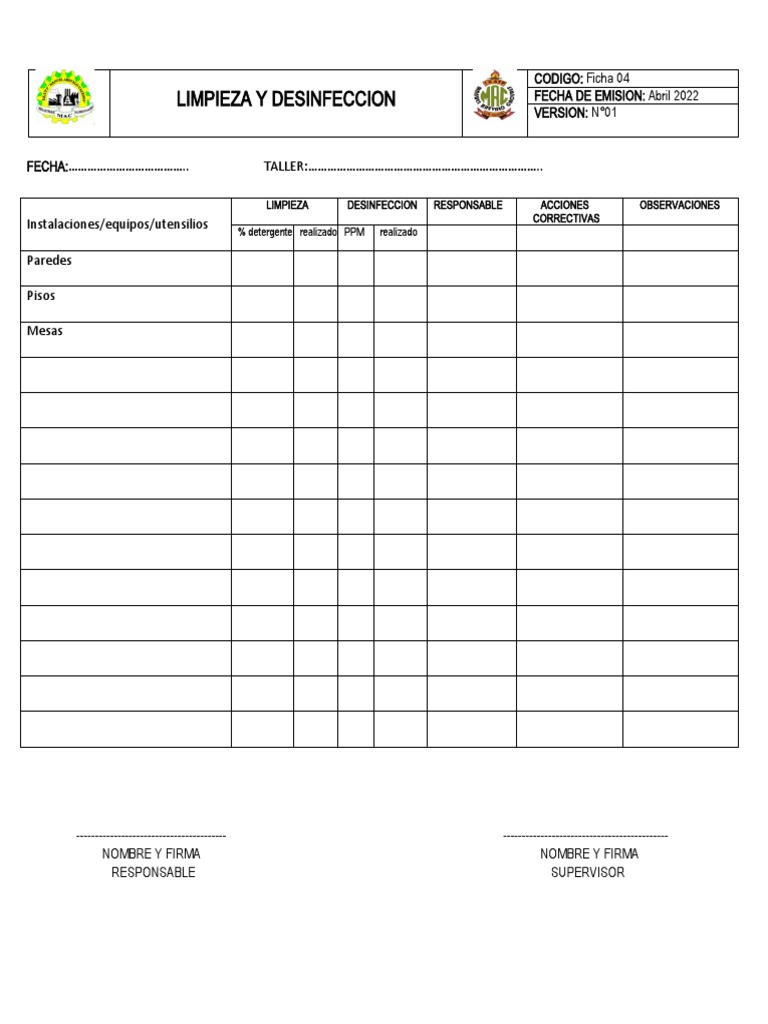 Formato Limpieza y Desinfeccion N°04 | PDF