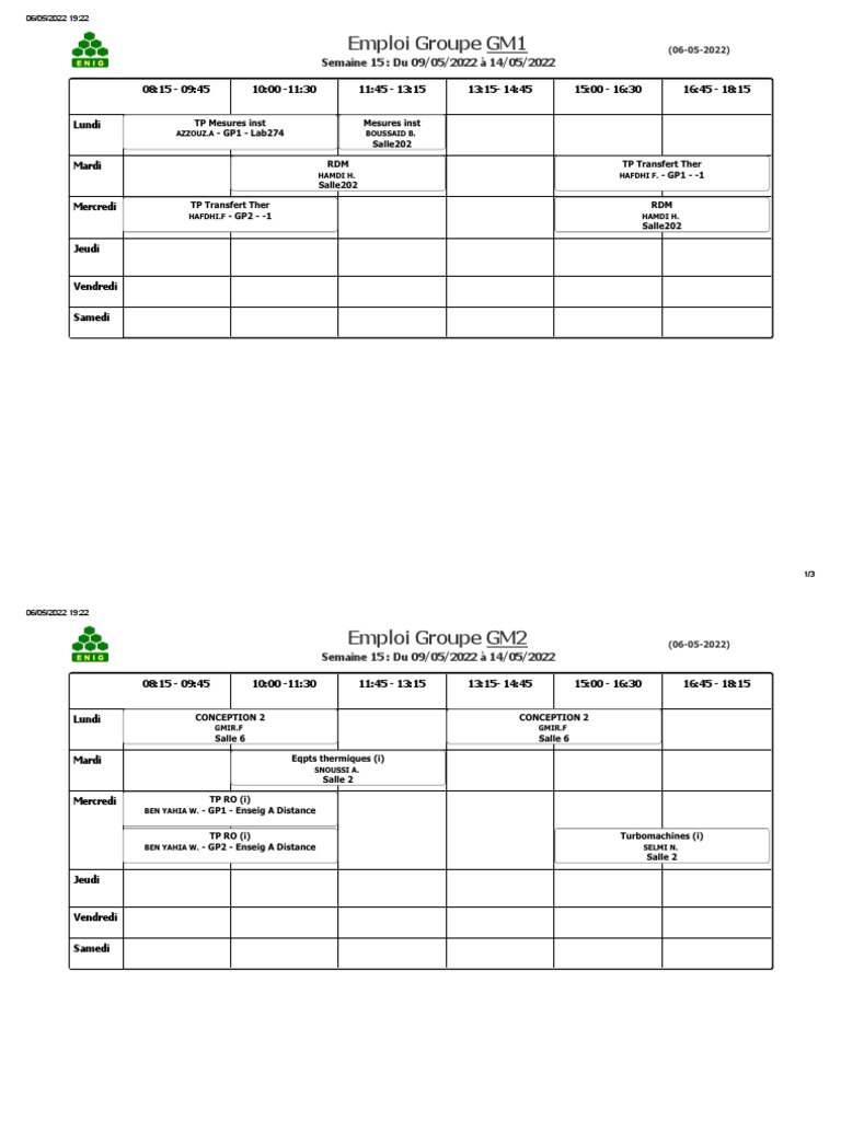 Emploi Groupe GM1: Semaine 15: Du 09/05/2022 À 14/05/2022 | PDF