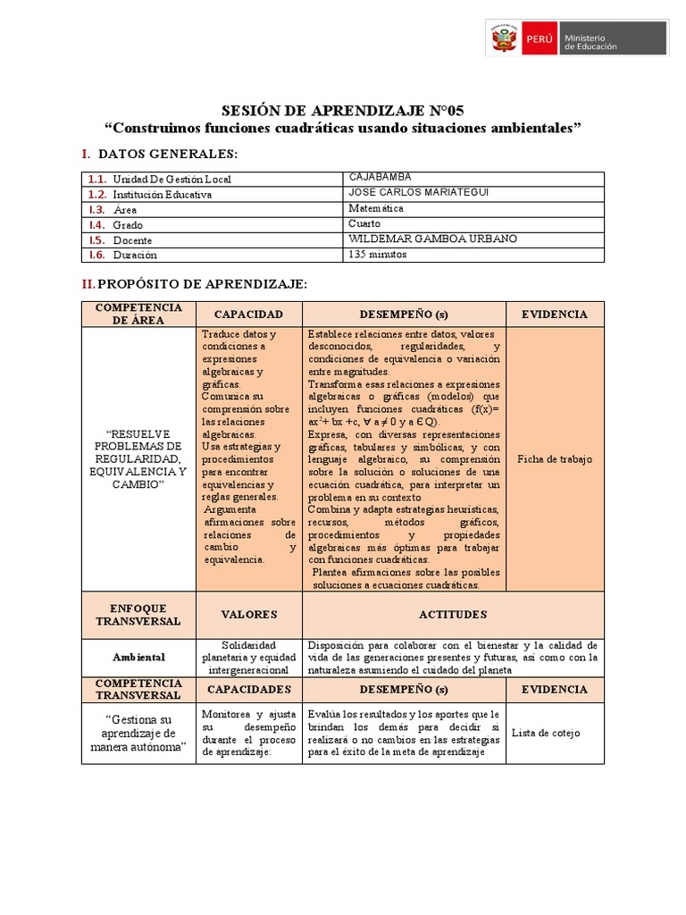 Sesión de Aprendizaje N°5 - 4to Grado | PDF | Ecuaciones | Ecuación cuadrática