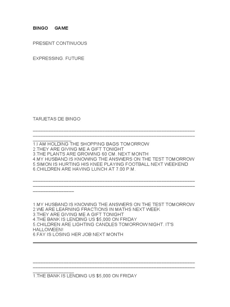 Bingo Presente Continuous Expressing Future | PDF