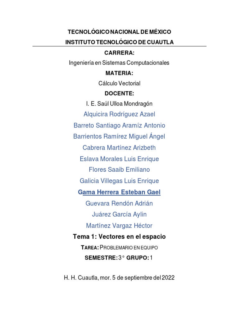 Problemario Calculo Vectorial Tema 1 | PDF | Vector Euclidiano | Impulso