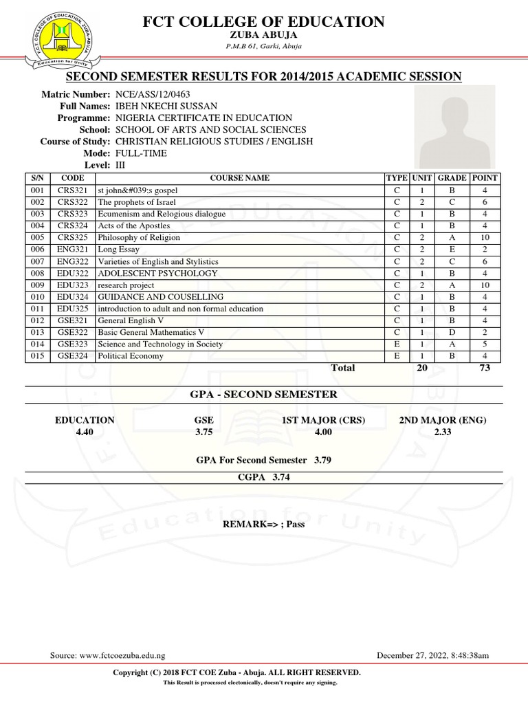 FCT College of Education: Second Semester Results For 2014/2015 ...