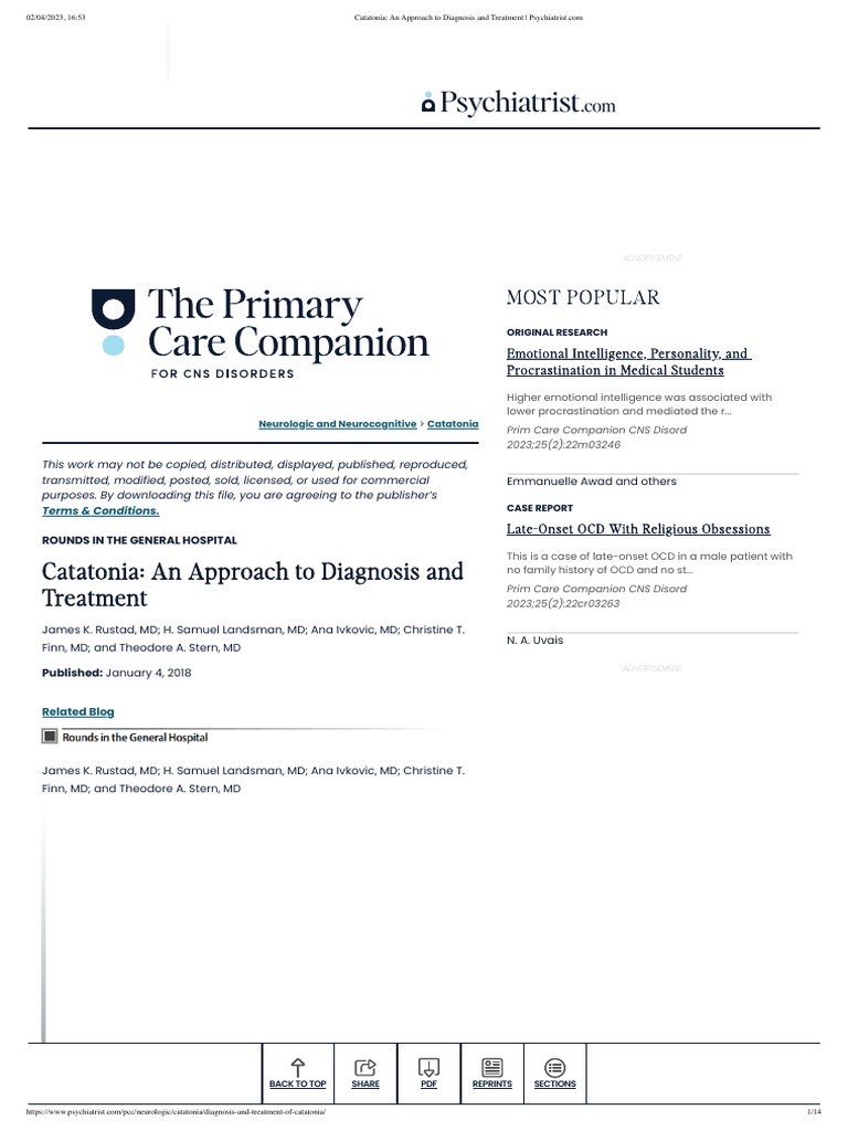 Catatonia - An Approach To Diagnosis and Treatment | PDF