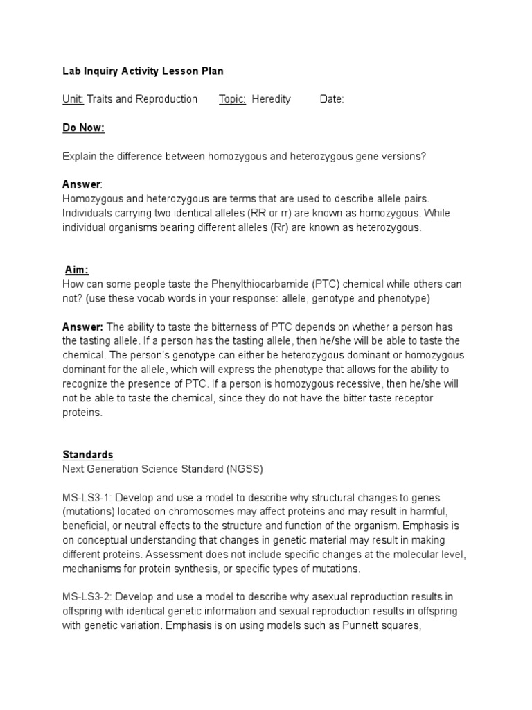 PTC Tasting Lab Lesson Plan | PDF | Zygosity | Dominance (Genetics)