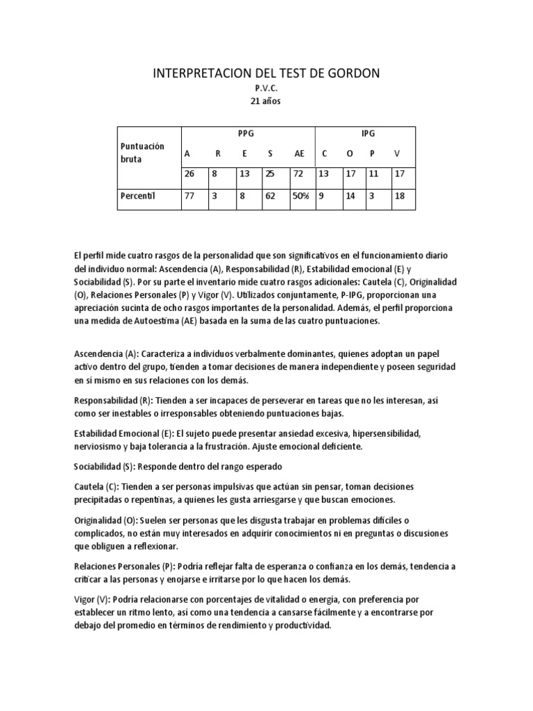 INTERPRETACION DEL TEST DE GORDONpvc | PDF | Las emociones | Psicología ...