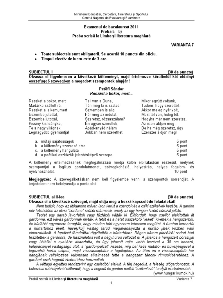 Proba E B Maghiara Subiect 7 | PDF