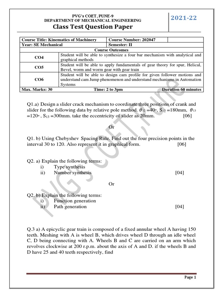 Class Test Question Paper Kinematics of Machinery - 21-22 - Final | PDF ...