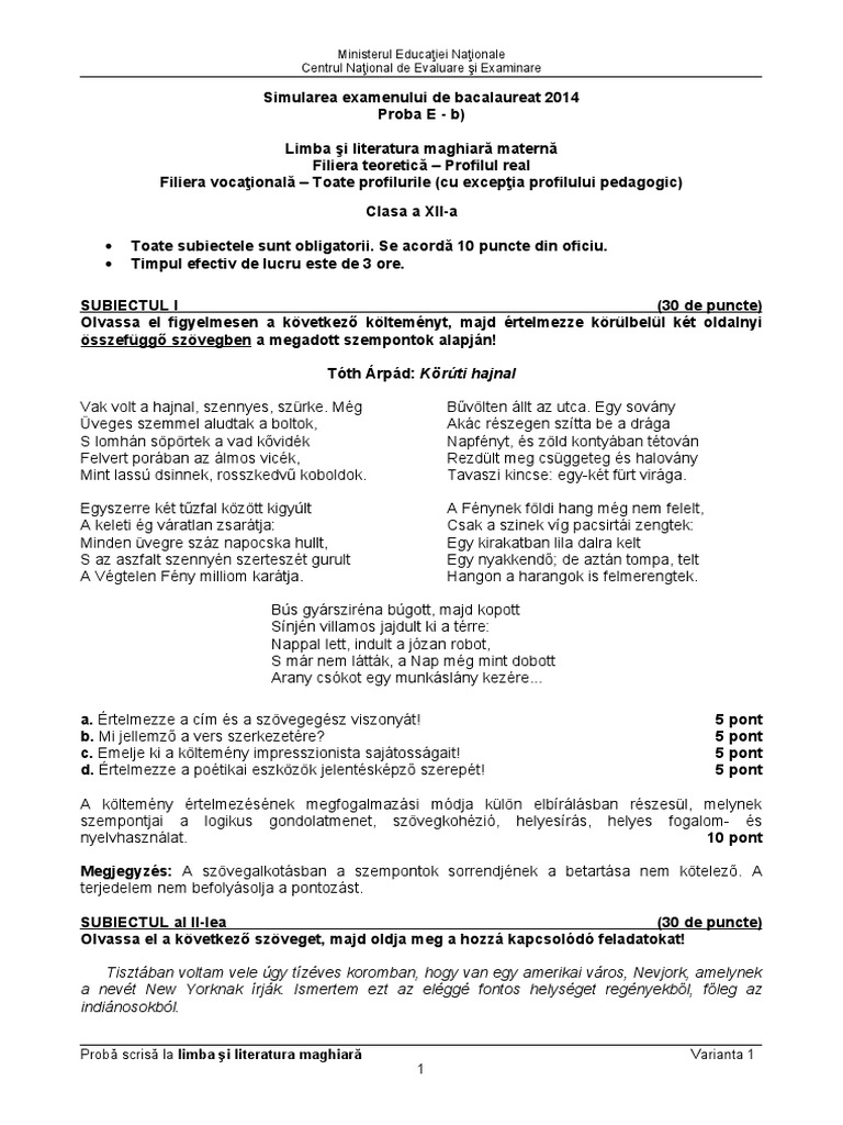 Simulare+bac Maghiara Materna Real Tehn CL 12 Subiect | PDF