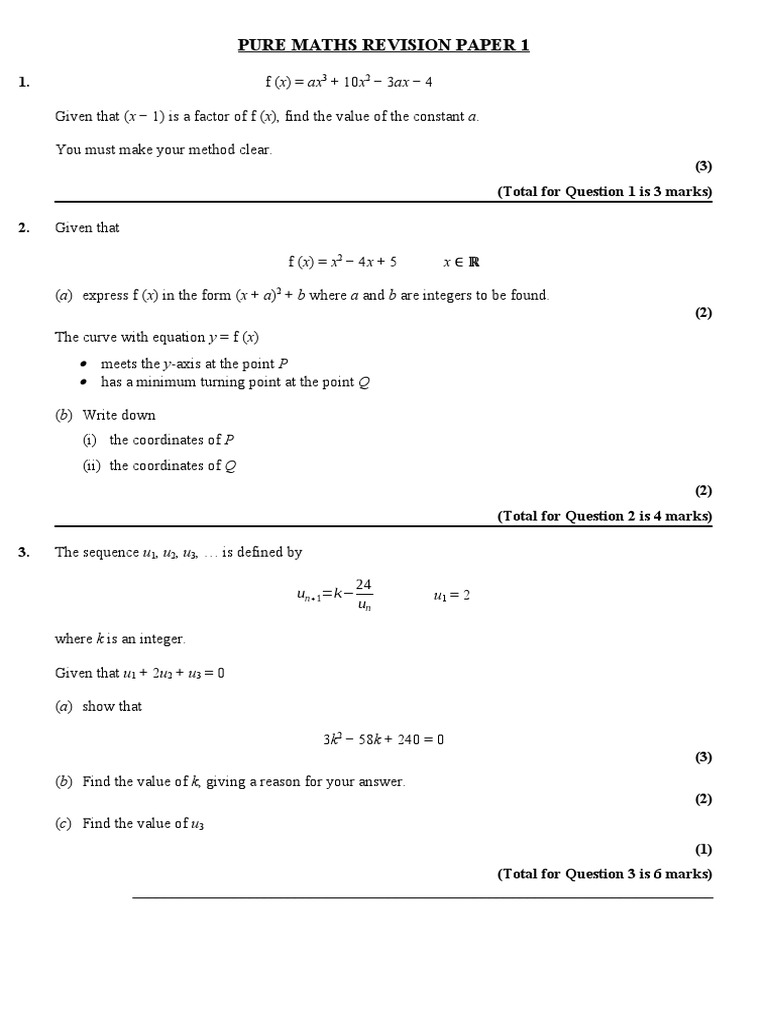 Pure Maths 1 Revision Paper 03 05 23 | PDF | Equations | Mathematical ...
