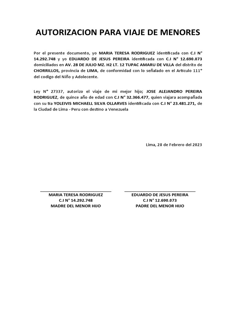Autorizacion para Viaje de Menores | PDF Autorizacion para Viaje de Menores | PDF