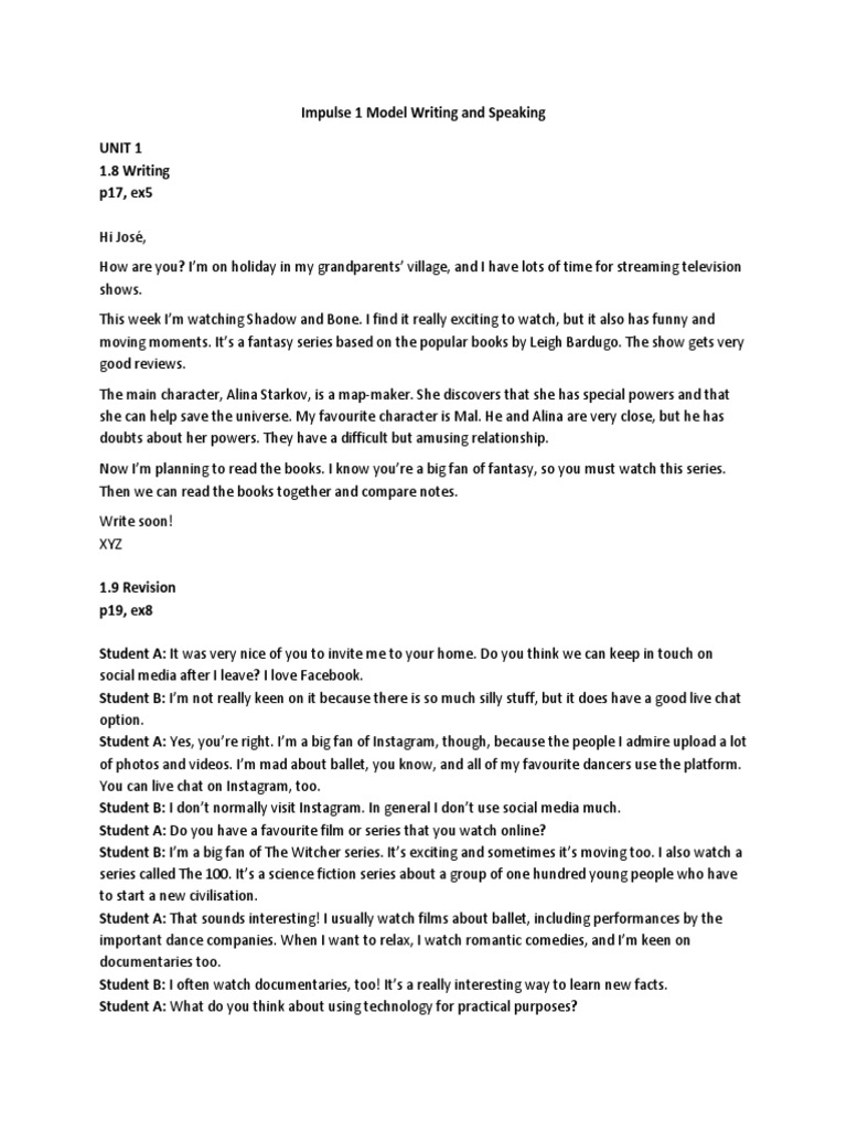 Impulse 1 Model Answers Speaking Writing | PDF | Dishwasher | Fashion