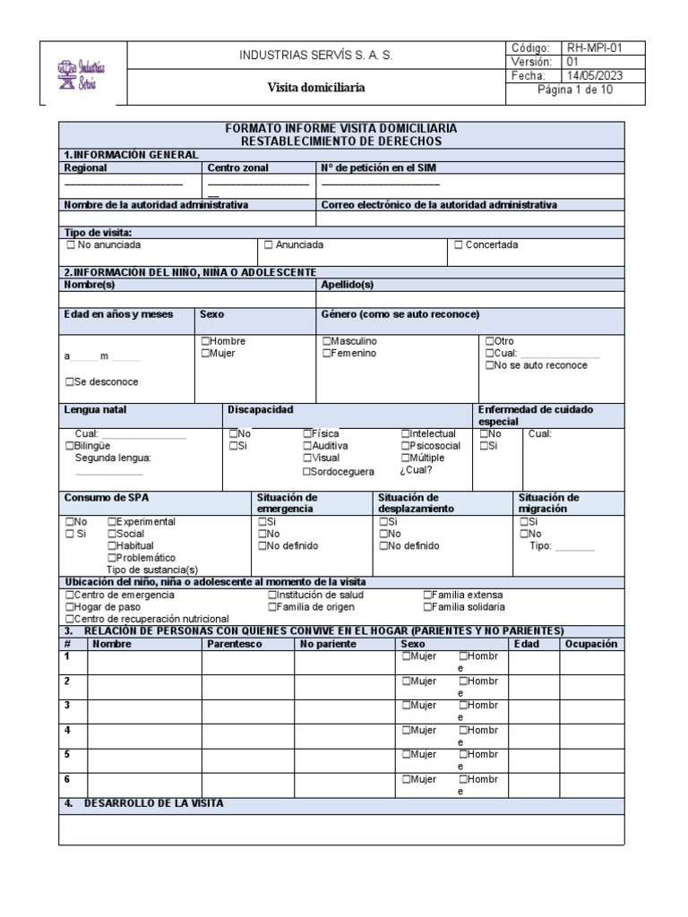 FORMATO INFORME VISITA DOMICILIARIA Pablo Contreras | PDF | Mujer