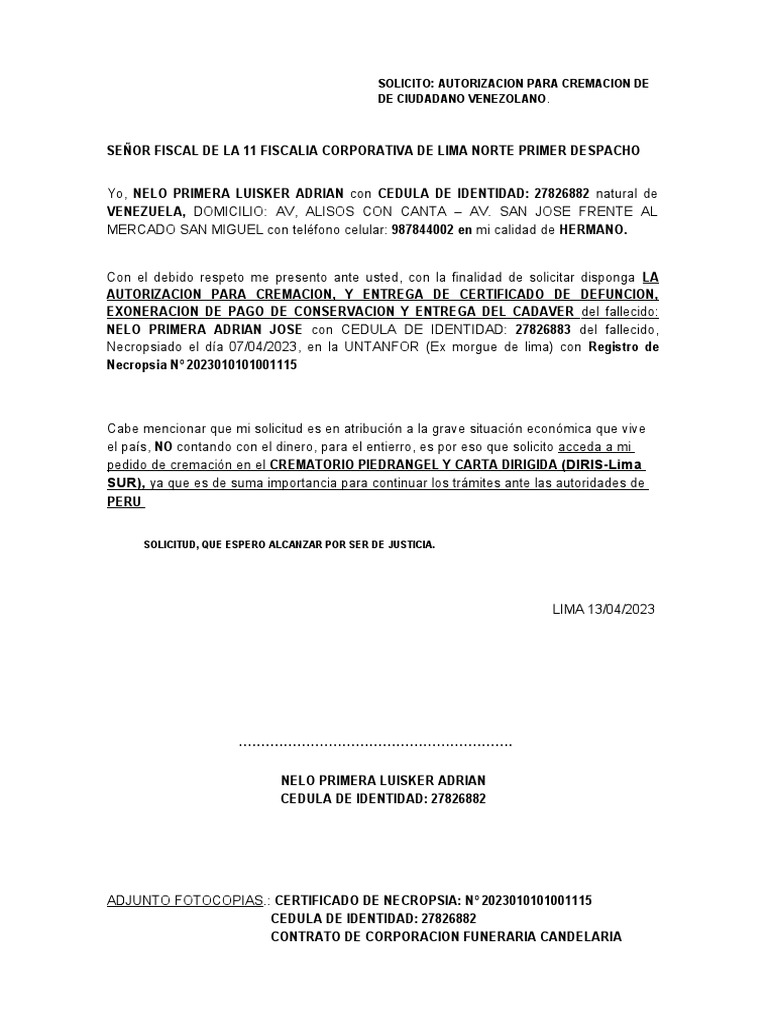 SOLICITO AUTORIZACION PARA CREMACION Ok | PDF SOLICITO AUTORIZACION PARA CREMACION Ok | PDF