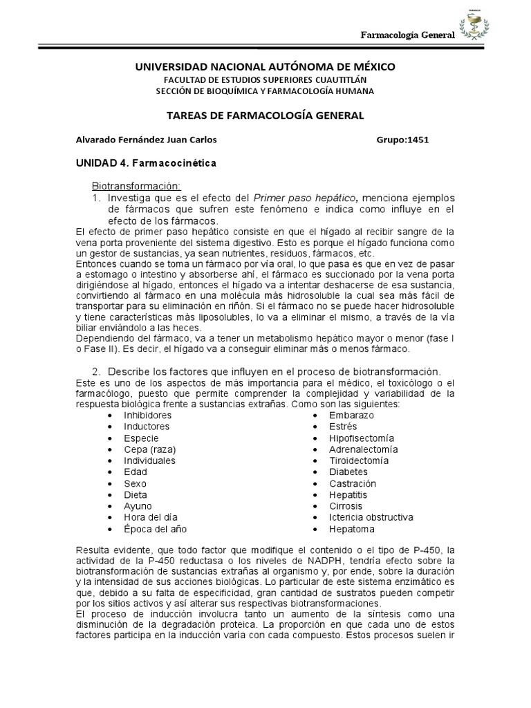 Tarea FG Biotransformación | PDF | Medicamentos con receta | Biotransformación