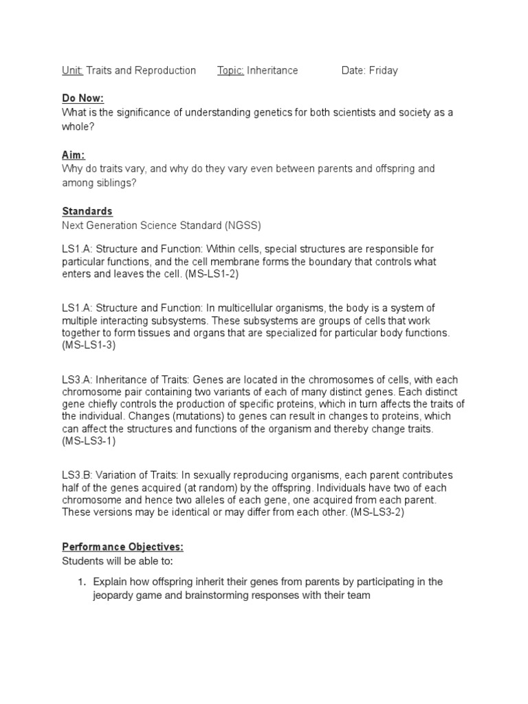 Jeopardy Lesson Plan - Traits and Reproduction-2 | PDF | Gene | Heredity