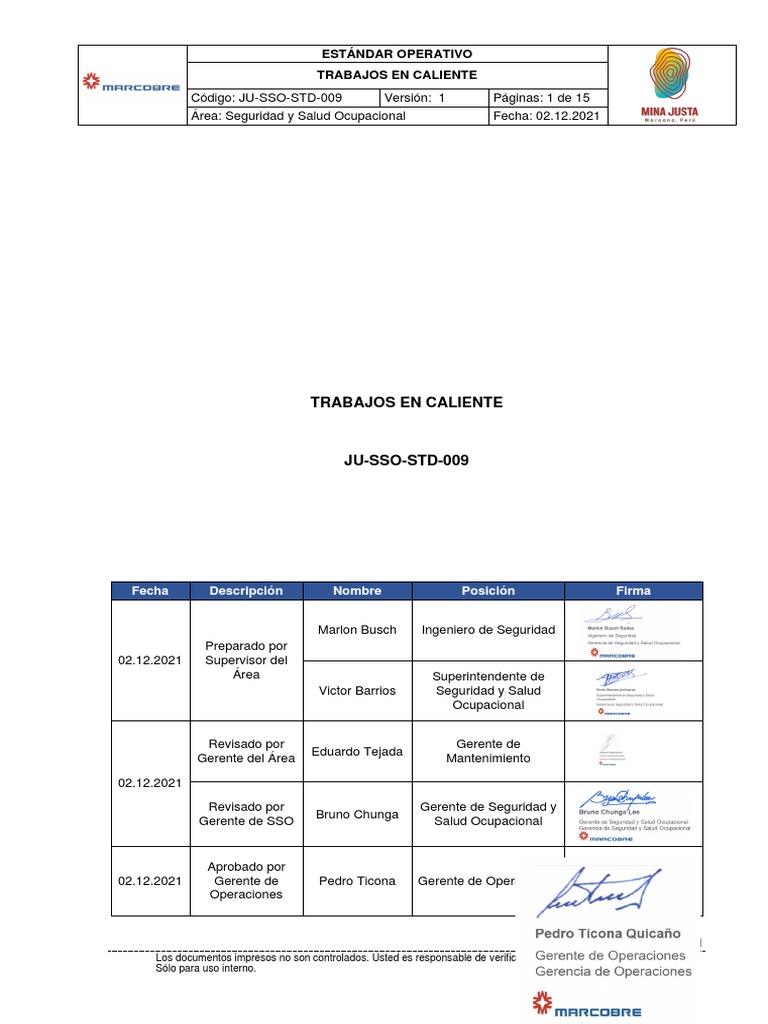 JU-SSO-STD-009 Estandar de Trabajos en Caliente Ver1 | Descargar gratis PDF | Soldadura ...