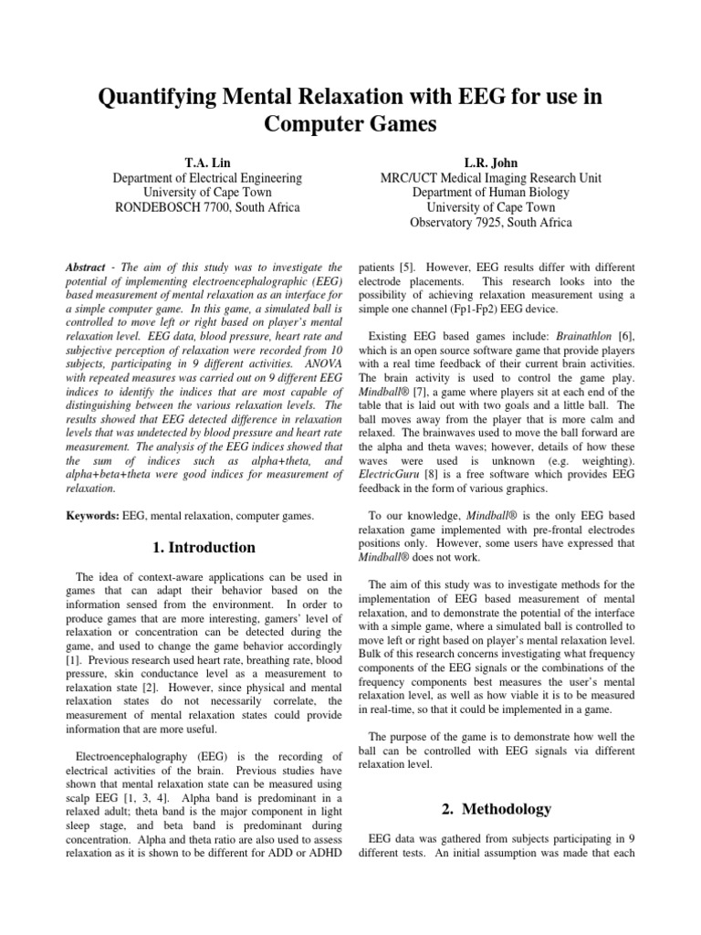Quantifying Mental Relaxation With EEG For Use in Computer Games | PDF | Electroencephalography ...