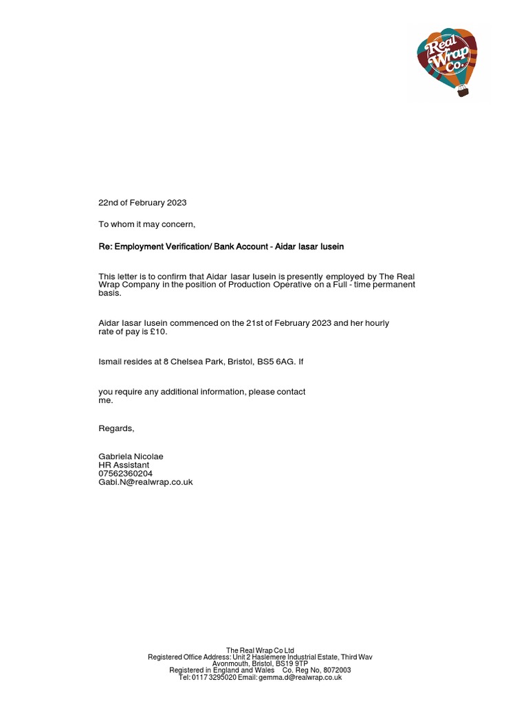 Employment Verification for Aidar Iusein | PDF