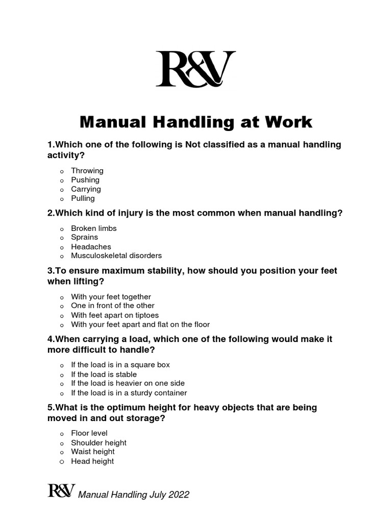Manual Handling Quiz PDF | PDF Manual Handling Quiz PDF | PDF