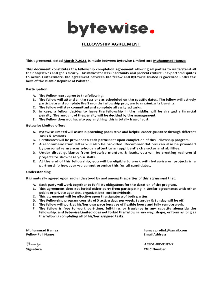 Bytewise Limited Fellowship Completion Agreement | PDF