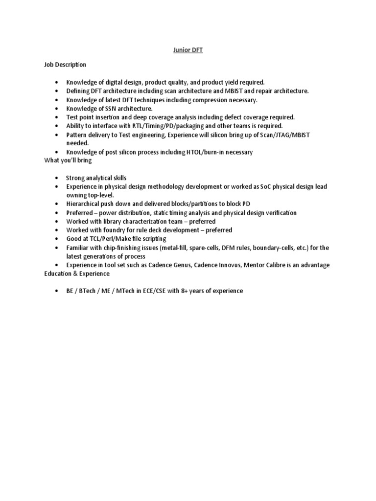 Junior DFT Engineer Job Overview | PDF | Art | Technology & Engineering