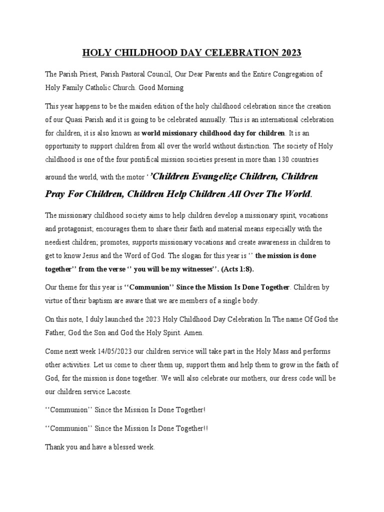 Holy Childhood Day Celebration 2023 | PDF
