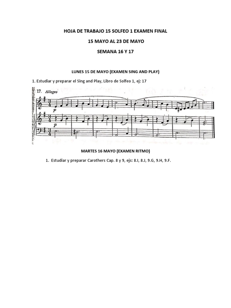 Hoja de Trabajo 15 Solfeo 1 Exam. Final | PDF
