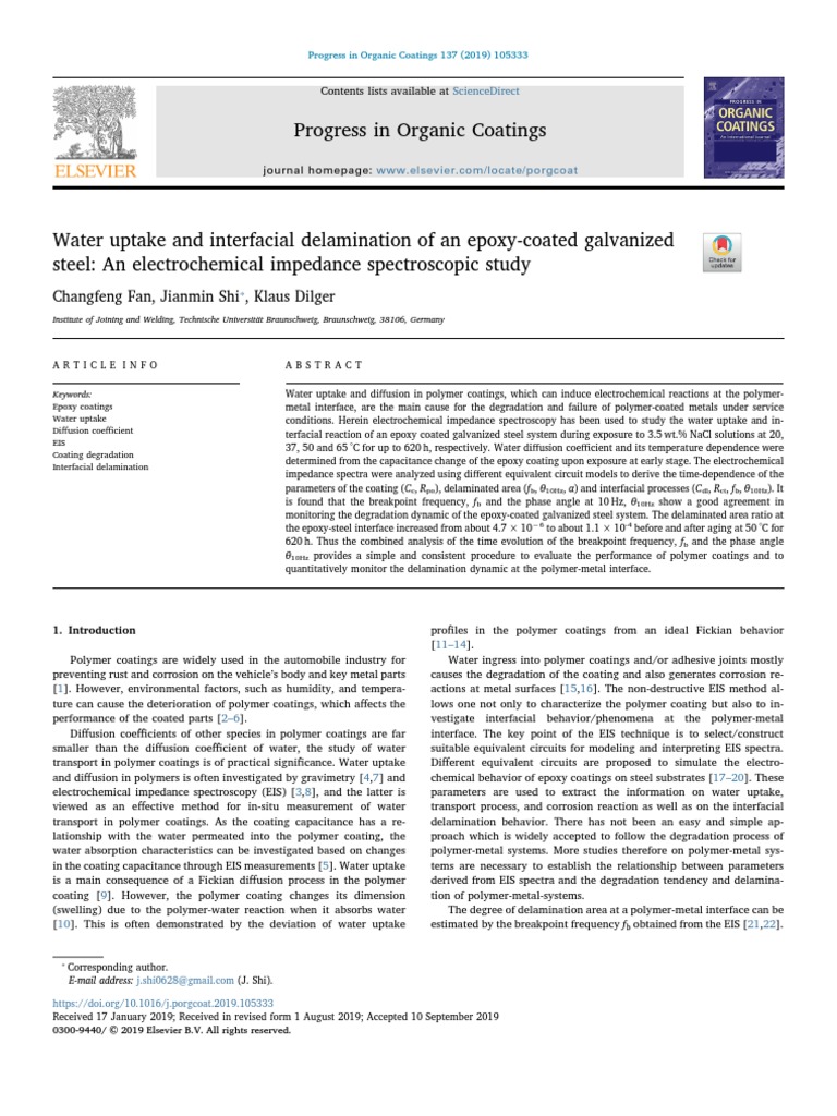 Water Uptake and Interfacial Delamination of An Epoxy-Coated Galvanized ...